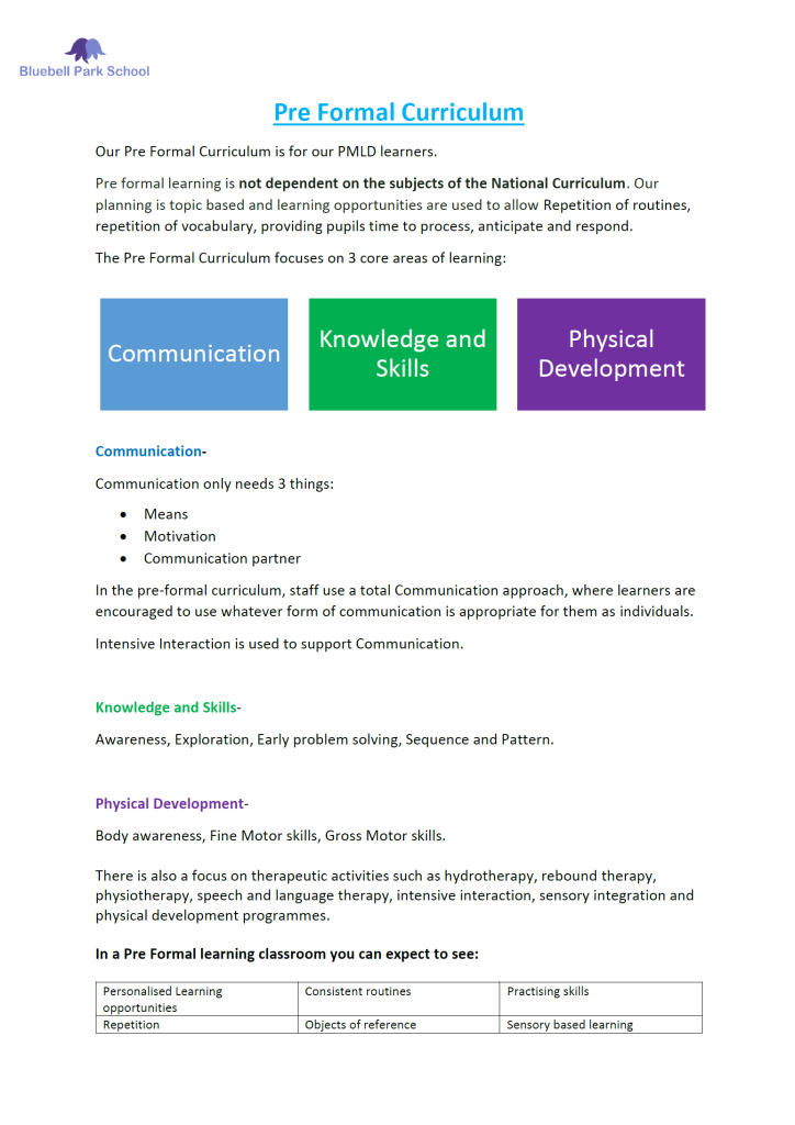Curriculum Overview – Bluebell Park School